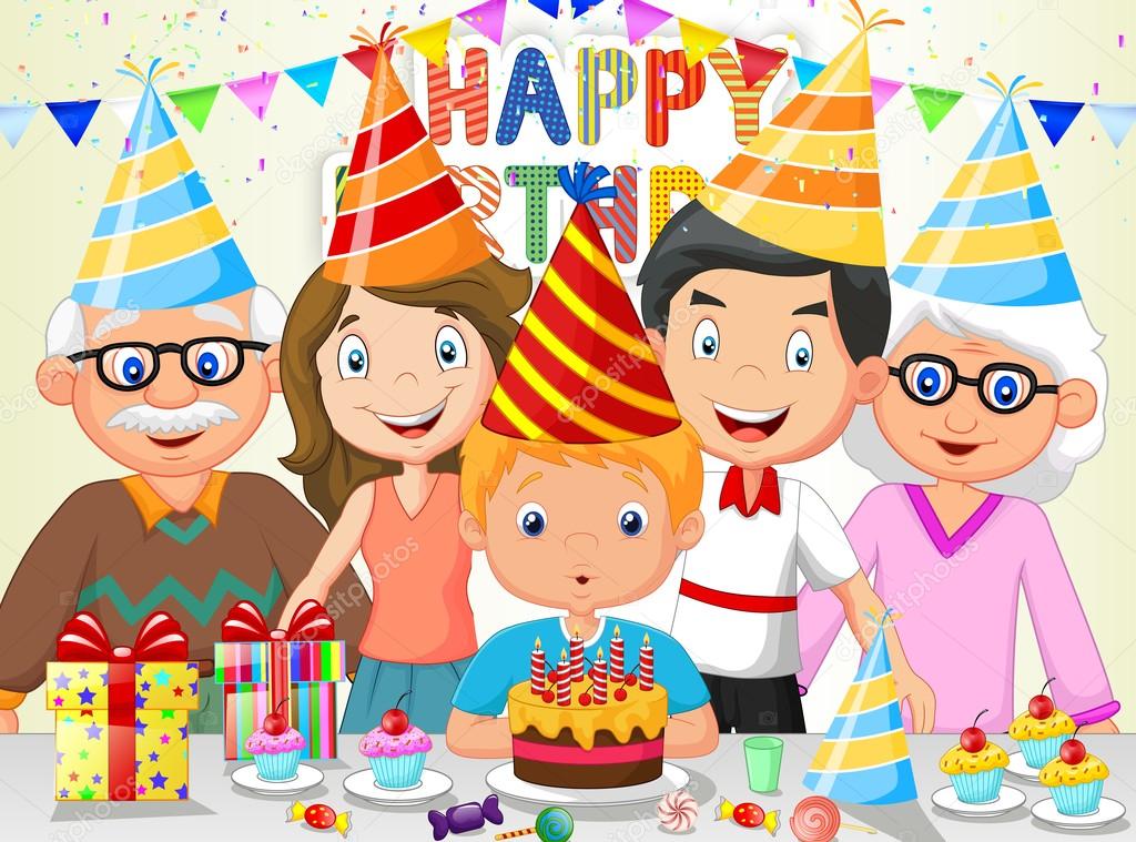 Feliz niño de dibujos animados soplando velas de cumpleaños con su ...