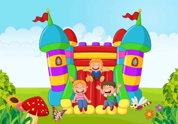Cartoon little kid playing slide on the inflatable balloon — Stock ...
