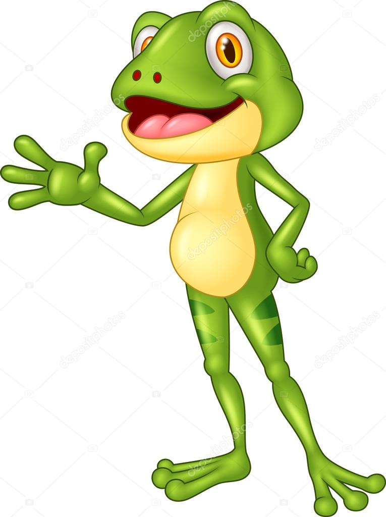 Dibujos animados rana adorable agitando la mano 2024