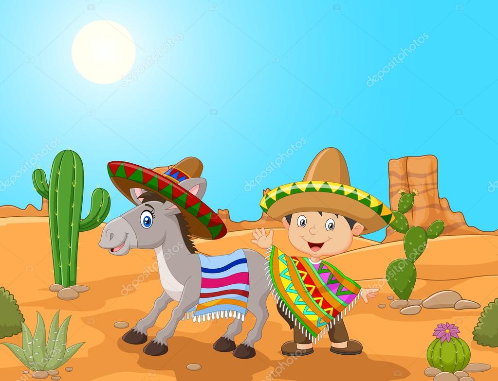Dibujos animados chico mexicano con burro en el desierto de fondo 2023