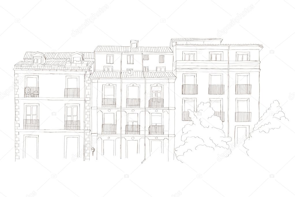 Urban sketch of spanish architecture in Madrid, Spain Stock ...