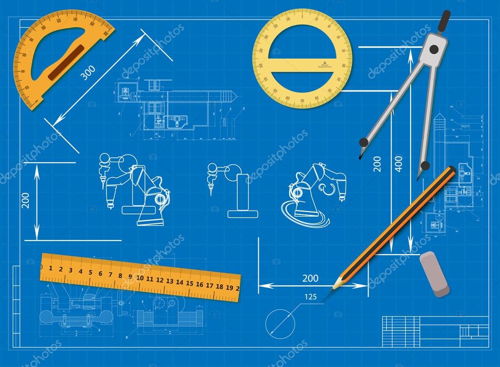 Engineering drawing on a blue background and tools to measure Stock ...