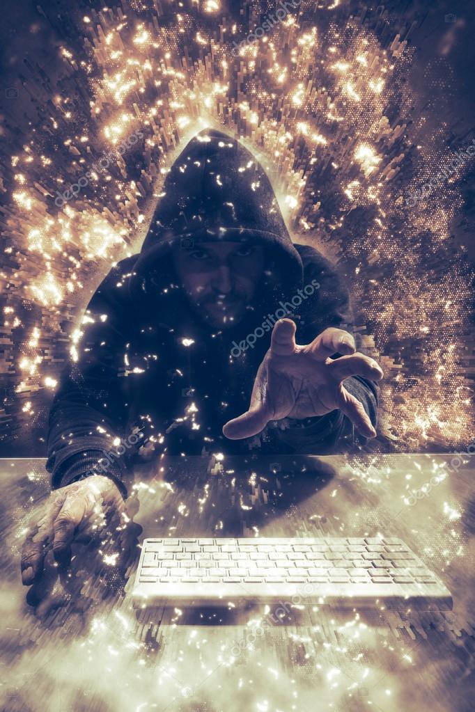 Computadora hacker llegar con la mano, composición dinámica 2024