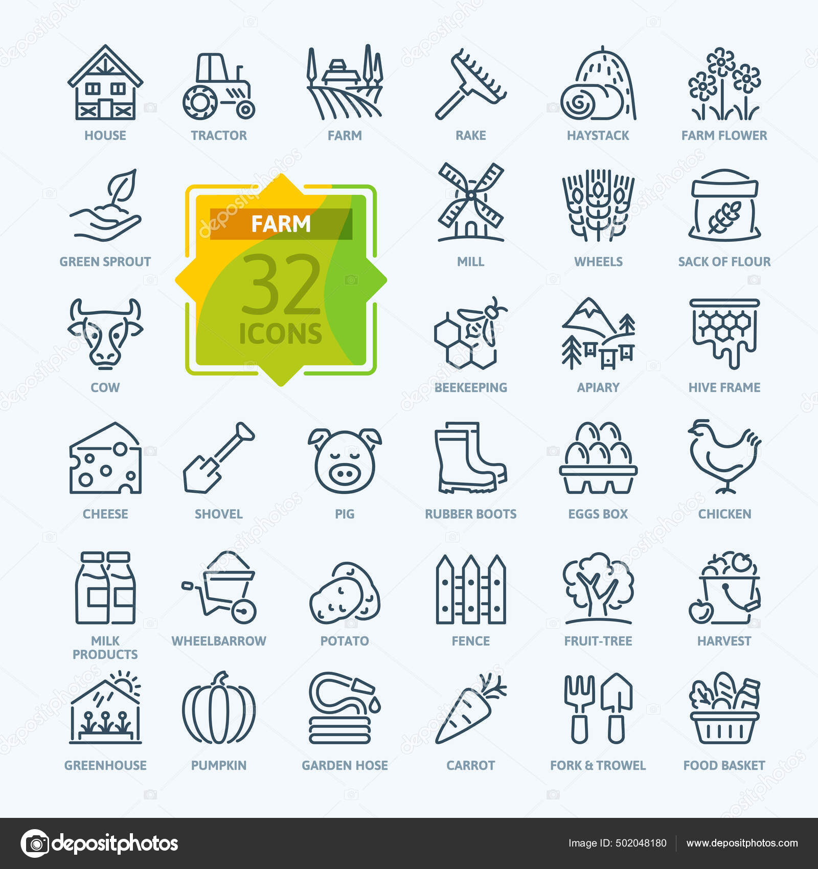 Farm Farming Agriculture Thin Line Web Icon Set Contains Icons Stock ...