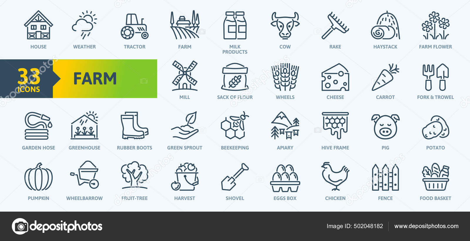 Farm Farming Agriculture Thin Line Web Icon Set Contains Icons Stock ...