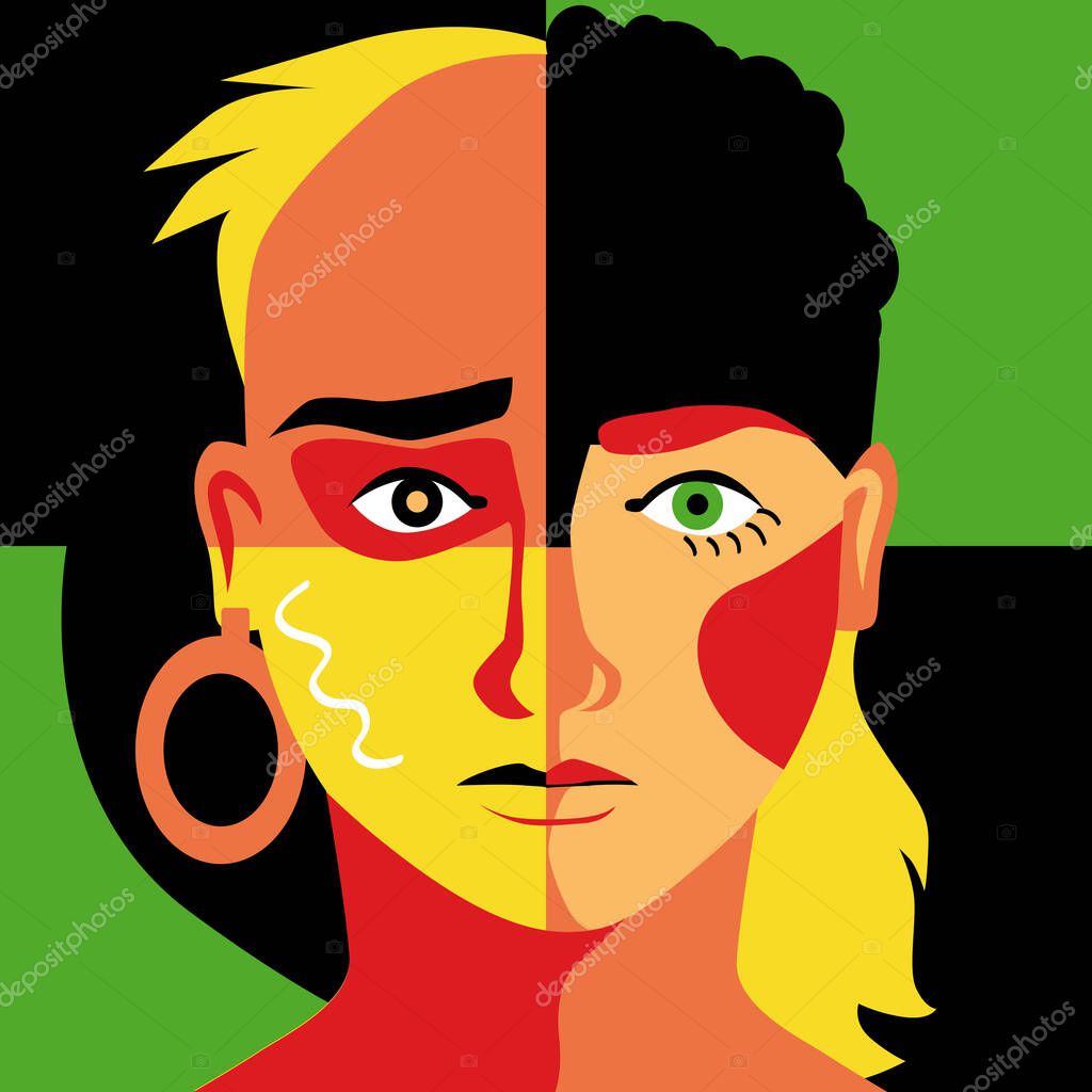 Moderna ilustración colorida de un rostro humano dividido en cuartos ... Moderna ilustración colorida de un rostro humano dividido en cuartos ...