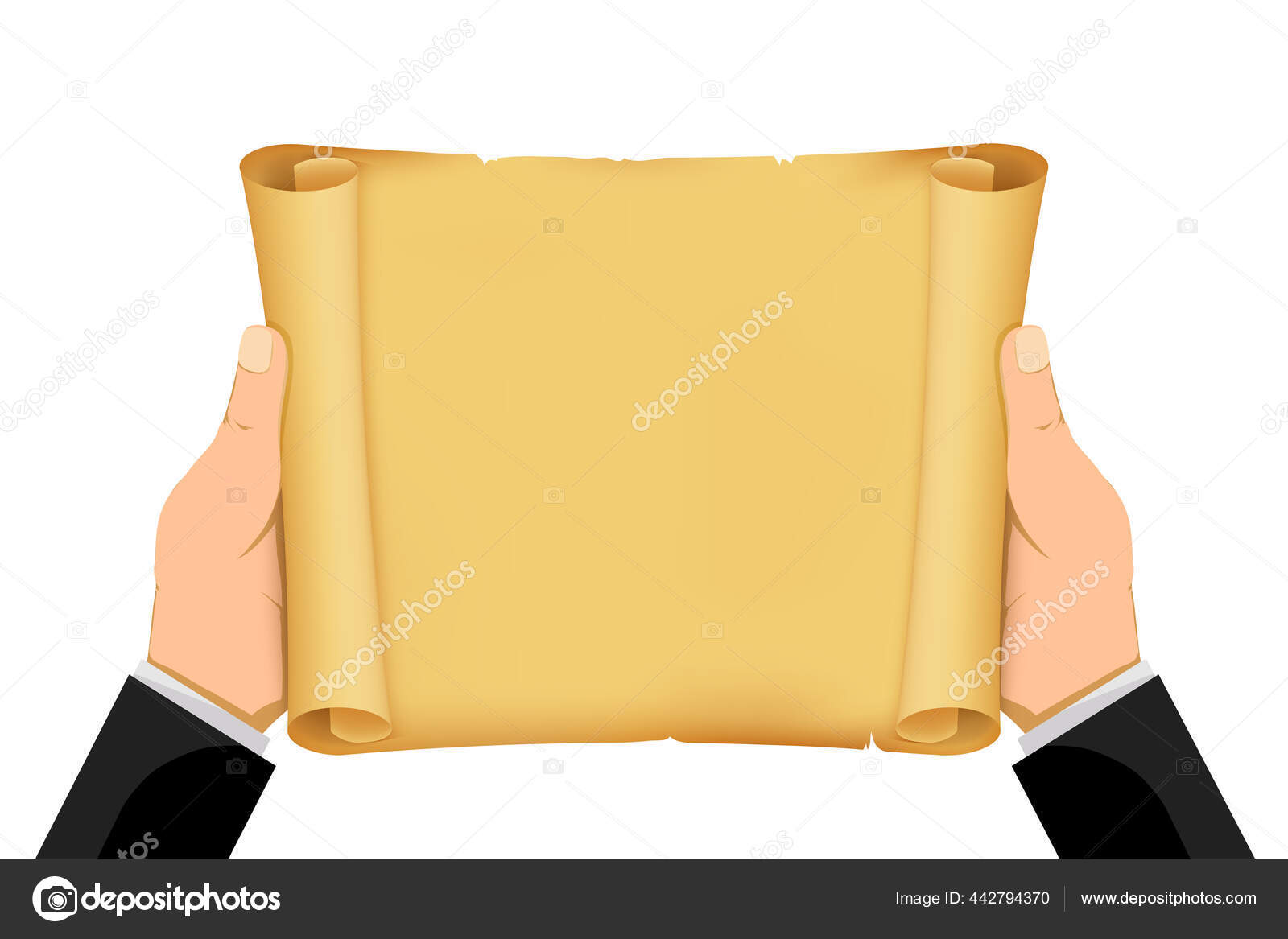Hands Holding Blank Scroll Paper Isolated White Background Vector ...