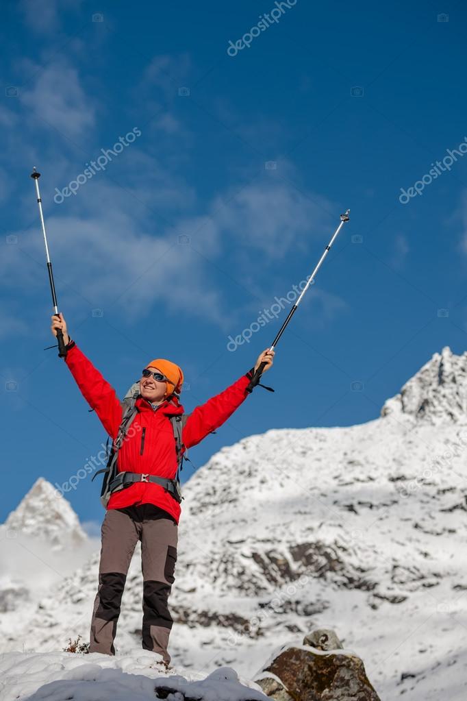 Hiker posing in Himalayas in front of big mountains — Stock Photo ...