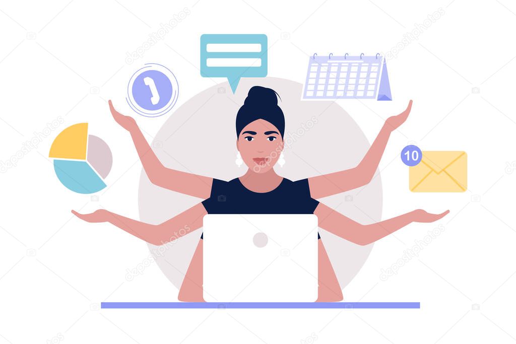 Concepto de multitarea y gestión del tiempo. Ilustración de mujer con ...