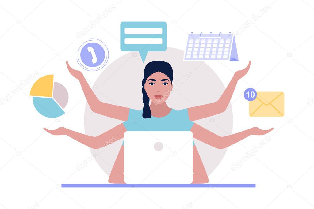 Concepto de multitarea y gestión del tiempo. Ilustración de mujer con portátil. Trabajador ...