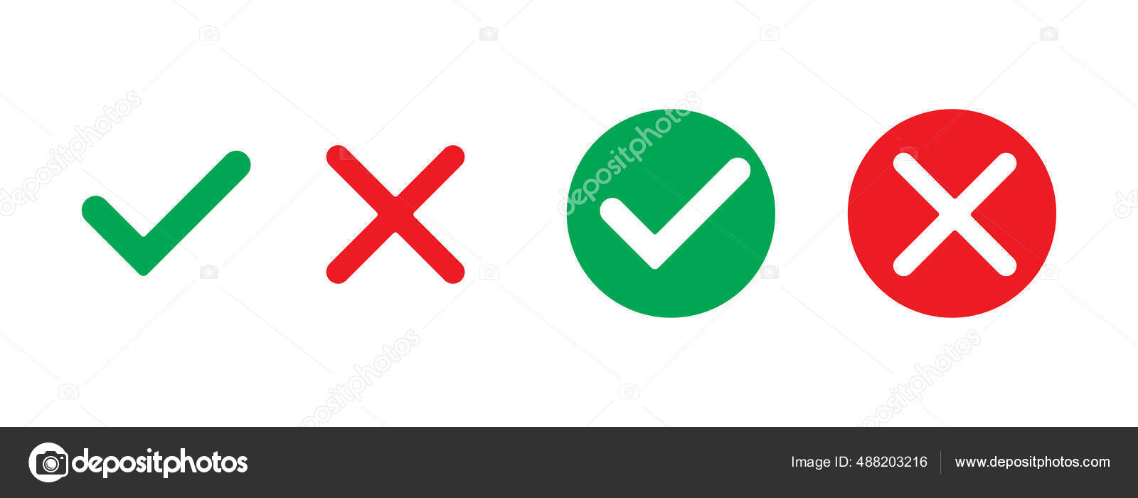 Green check mark, red cross mark icon set. Isolated tick symbols ...