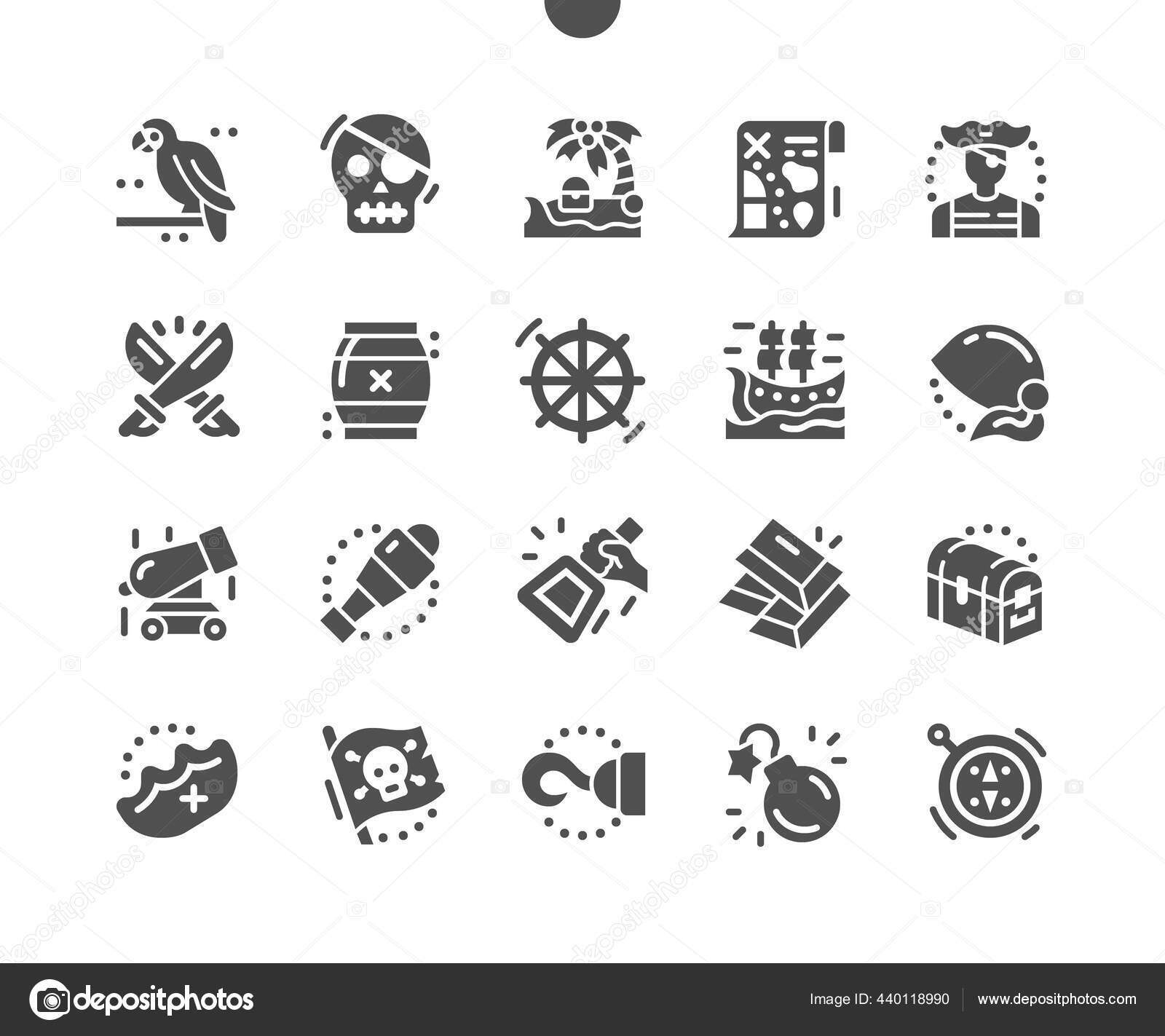 Pirate adventure. Sailboat ship, bomb, treasure chest and map, gun and ...