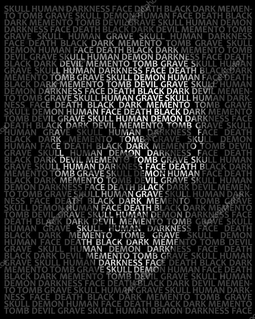 Human skull in typography. Skull made up of words: death, face, — Stock ...