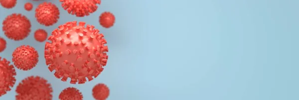Wide banner with red virus particles and blank copy space on blue ...