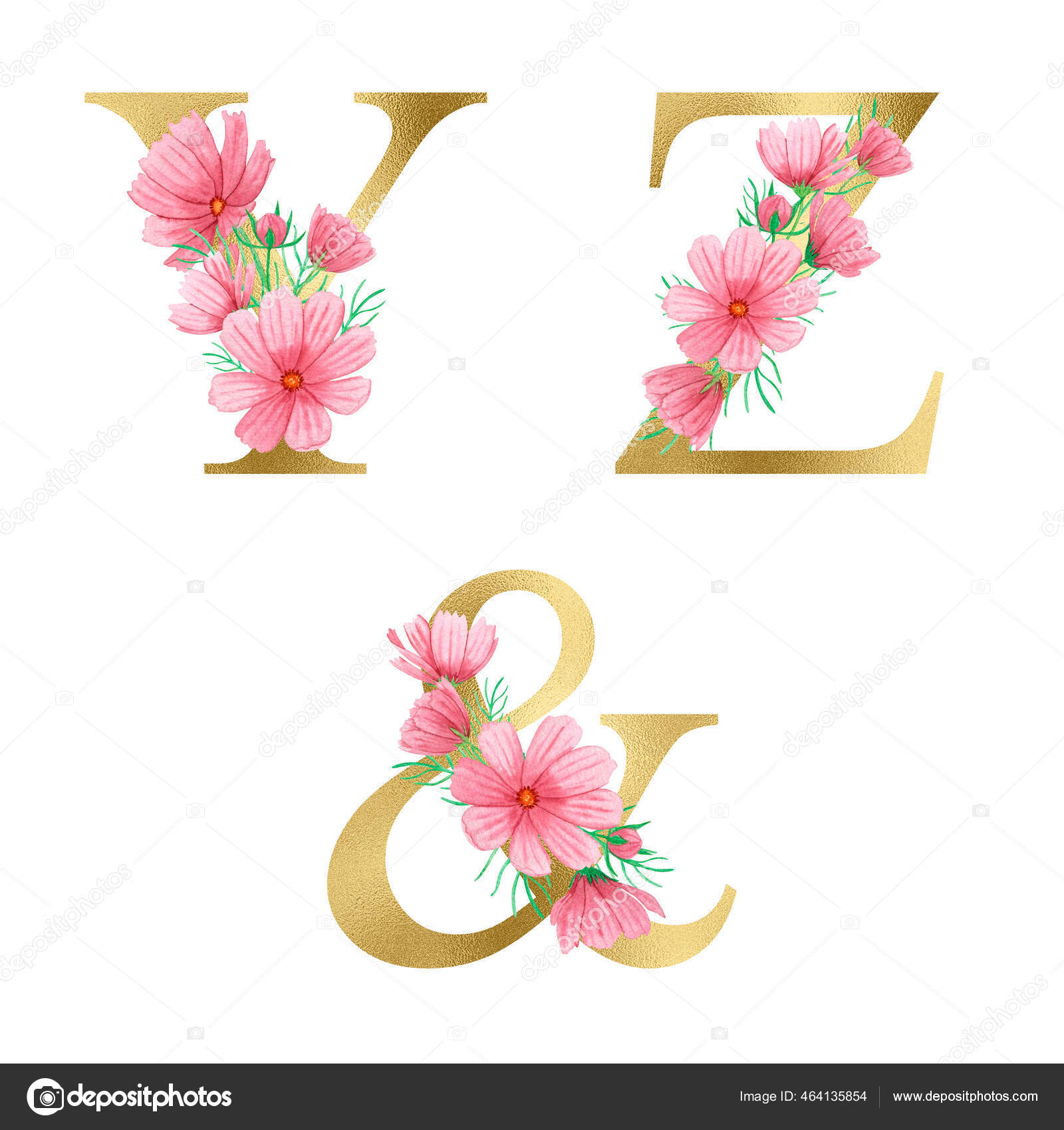 Watercolor Gold Floral Alphabet Set Summer Pink Flowers Floral Glitter ...