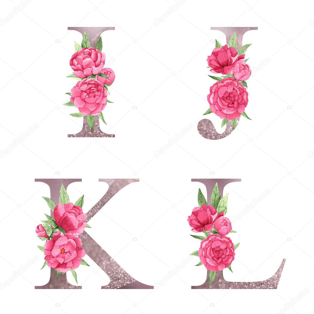 Acuarela polvorienta rosa oro Floral alfabeto conjunto con peonías de ...