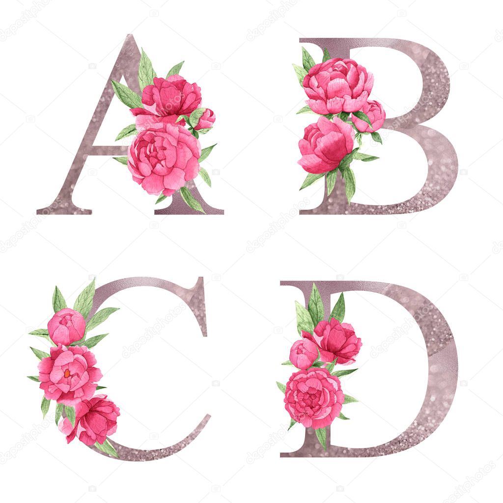 Acuarela polvorienta rosa oro Floral alfabeto conjunto con peonías de ...