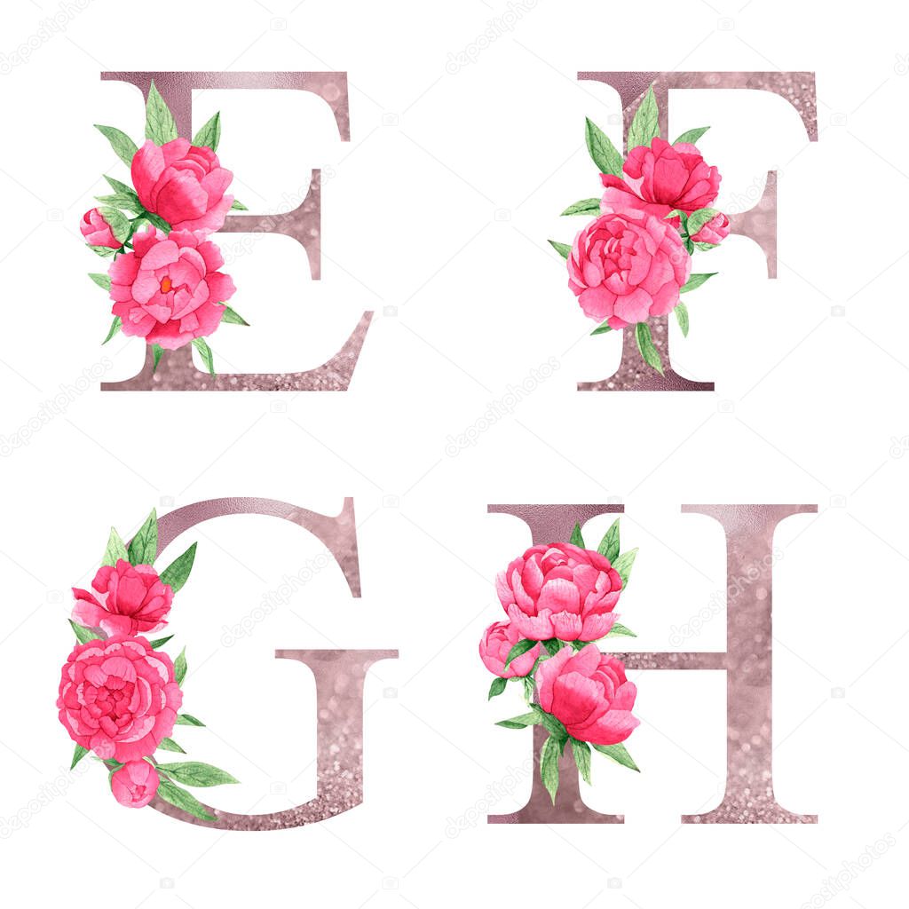 Acuarela polvorienta rosa oro Floral alfabeto conjunto con peonías de ...