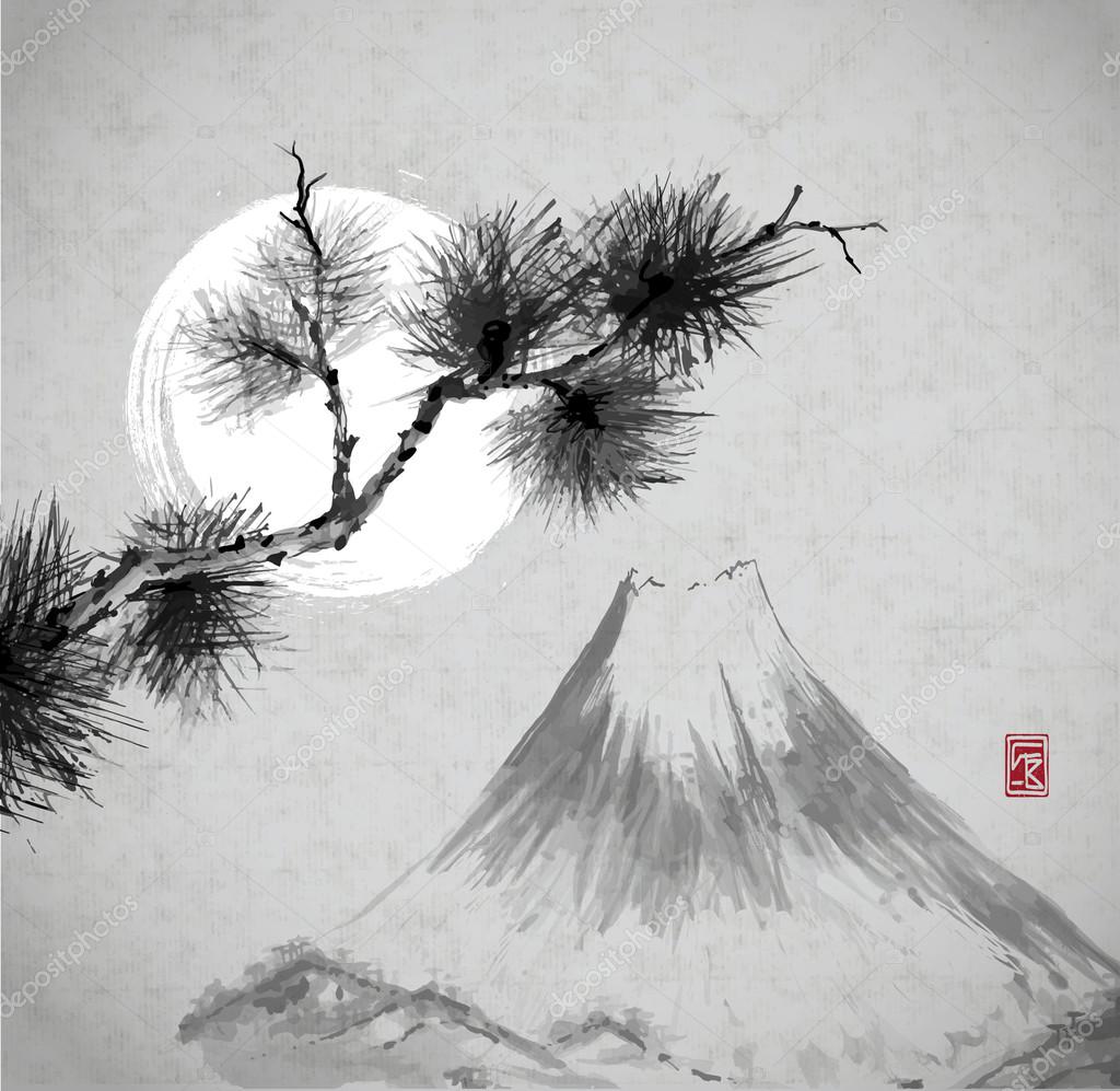 Pine tree branch, mountains and Moon — Stock Vector © Elinacious #65722567