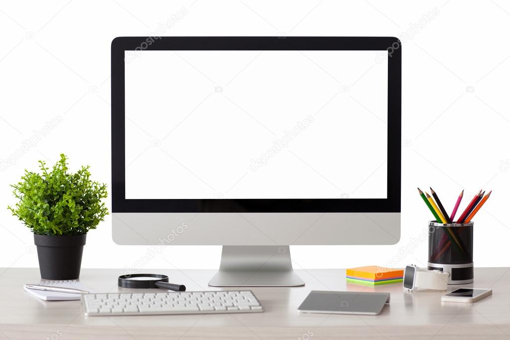 Computer with isolated screen stands on the table Stock Photo by ...