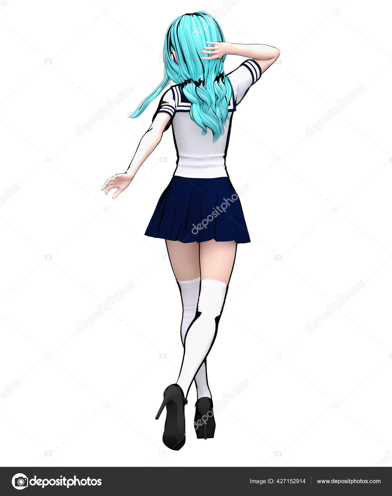 Sexy Anime Doll Japanese Schoolgirl Big Blue Eyes Bright Makeup Stock