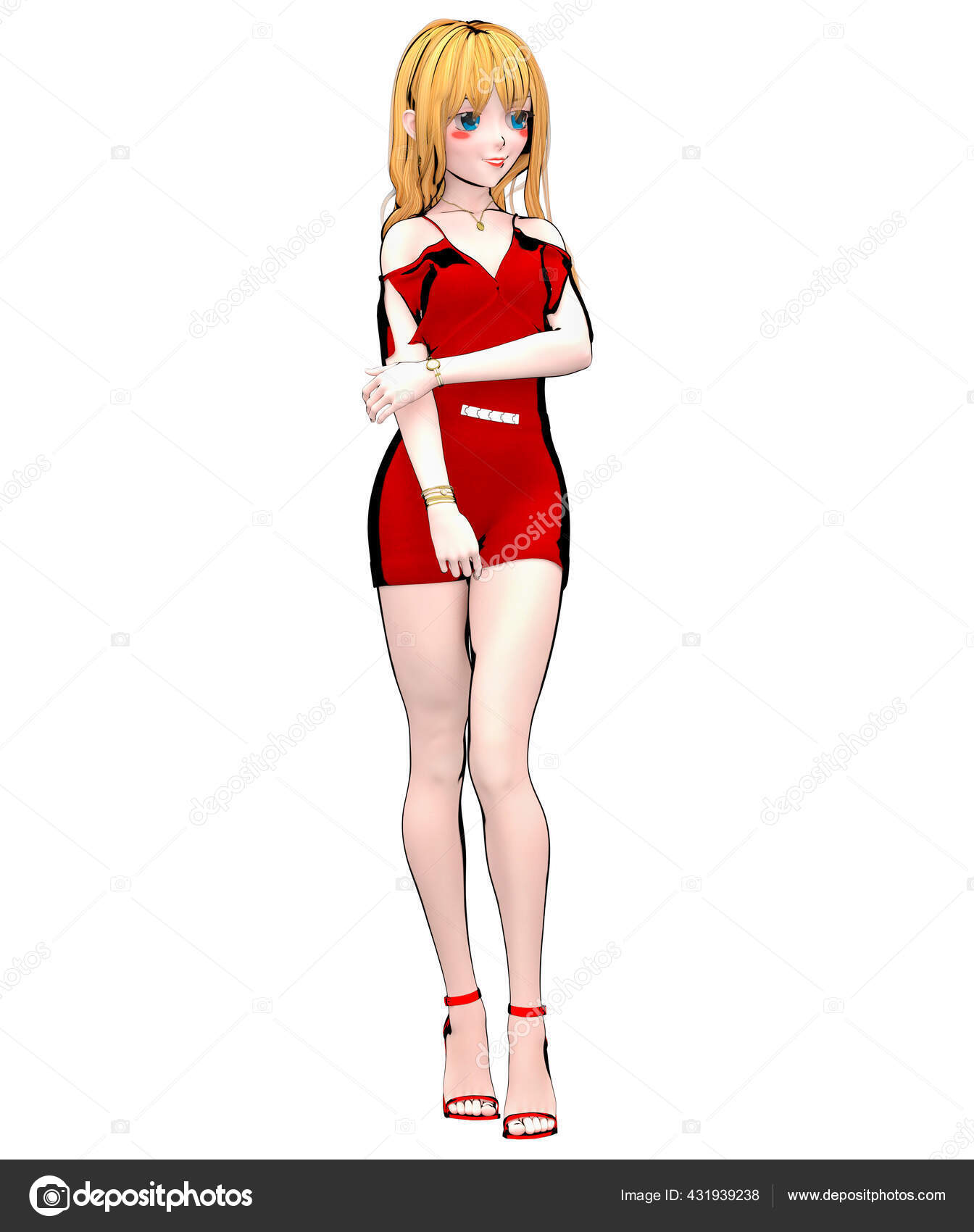 Render Sexy Anime Doll Japanese Girl Big Blue Eyes Bright Stock