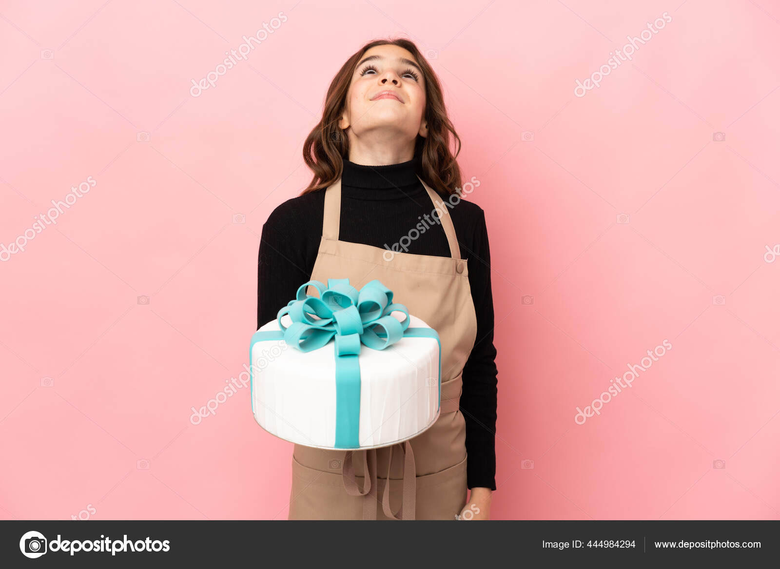 Little Pastry Chef Holding Big Cake Isolated Pink Background Looking ...