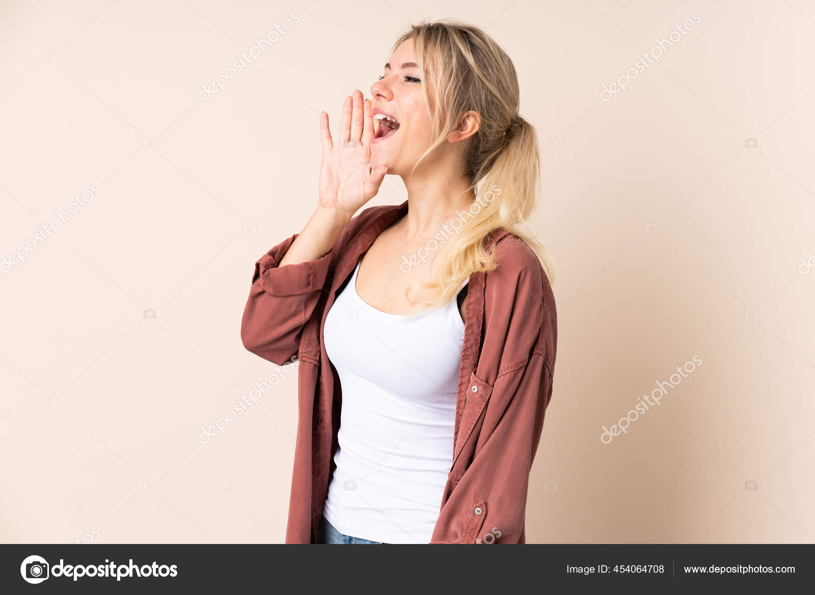 Blonde Woman Isolated Background Shouting Mouth Wide Open Side — Stock ...