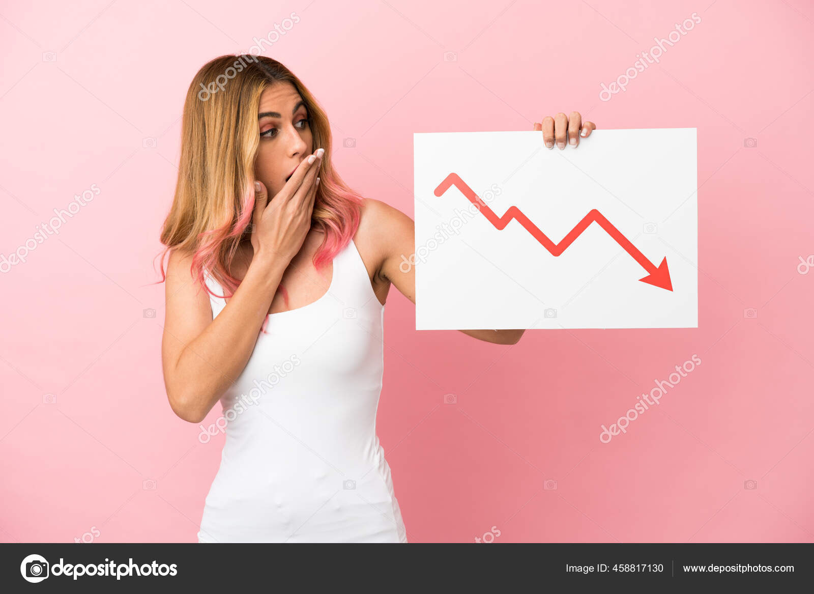 Young Woman Isolated Pink Background Holding Sign Decreasing Statistics ...
