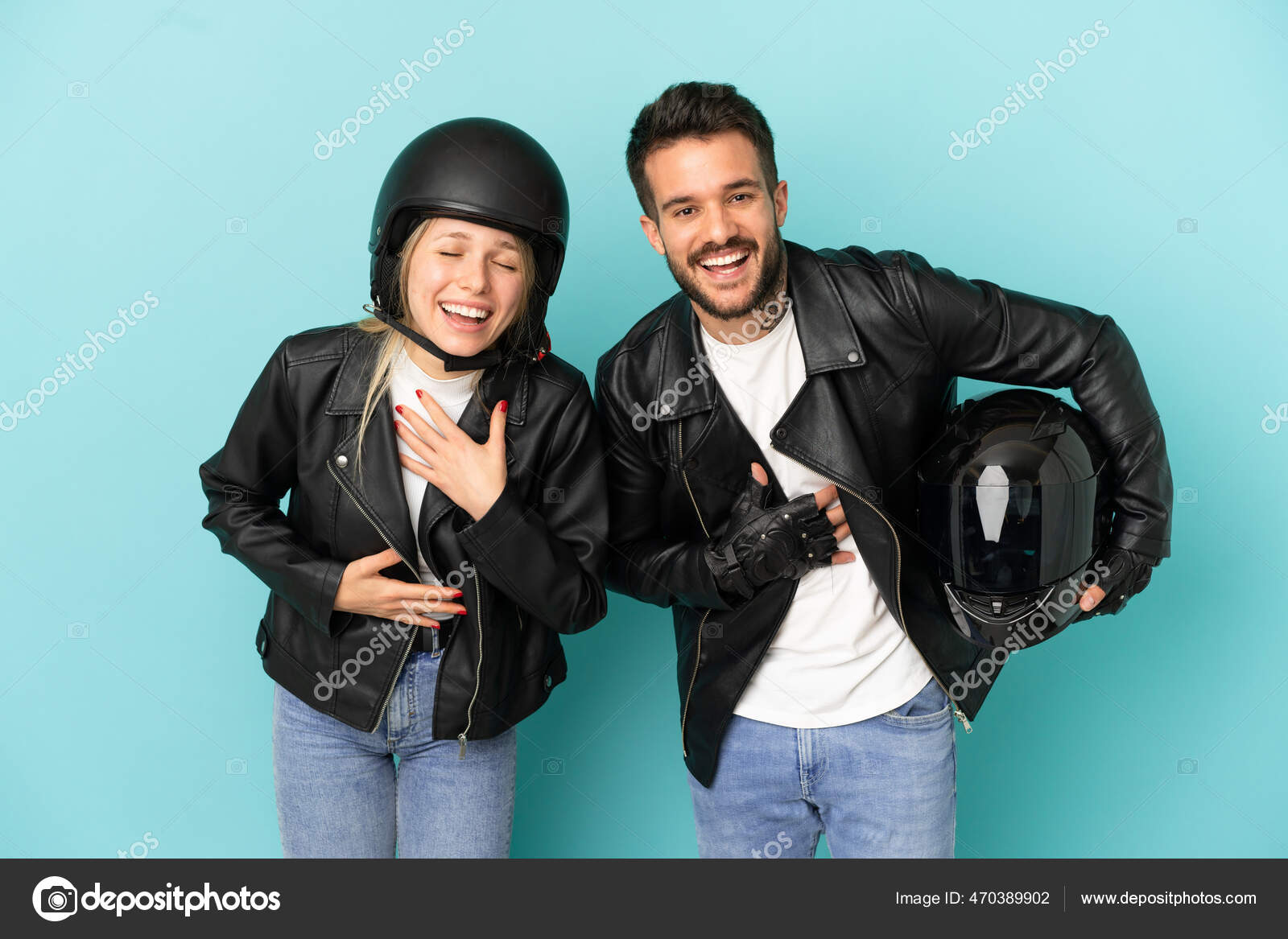 Couple Motorcycle Helmet Isolated Blue Background Smiling Lot While ...