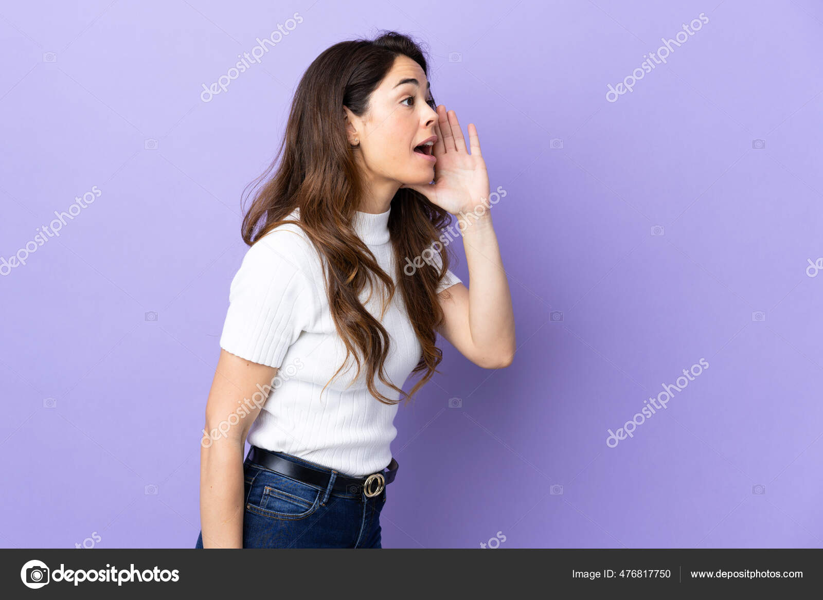 Woman Isolated Purple Background Shouting Mouth Wide Open Side — Stock ...
