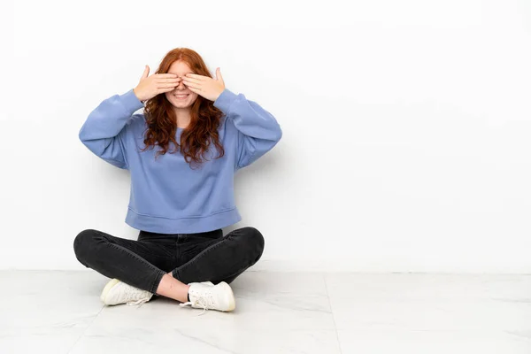 Teenager Redhead Girl Sitting Floor Isolated White Background Neckache ...