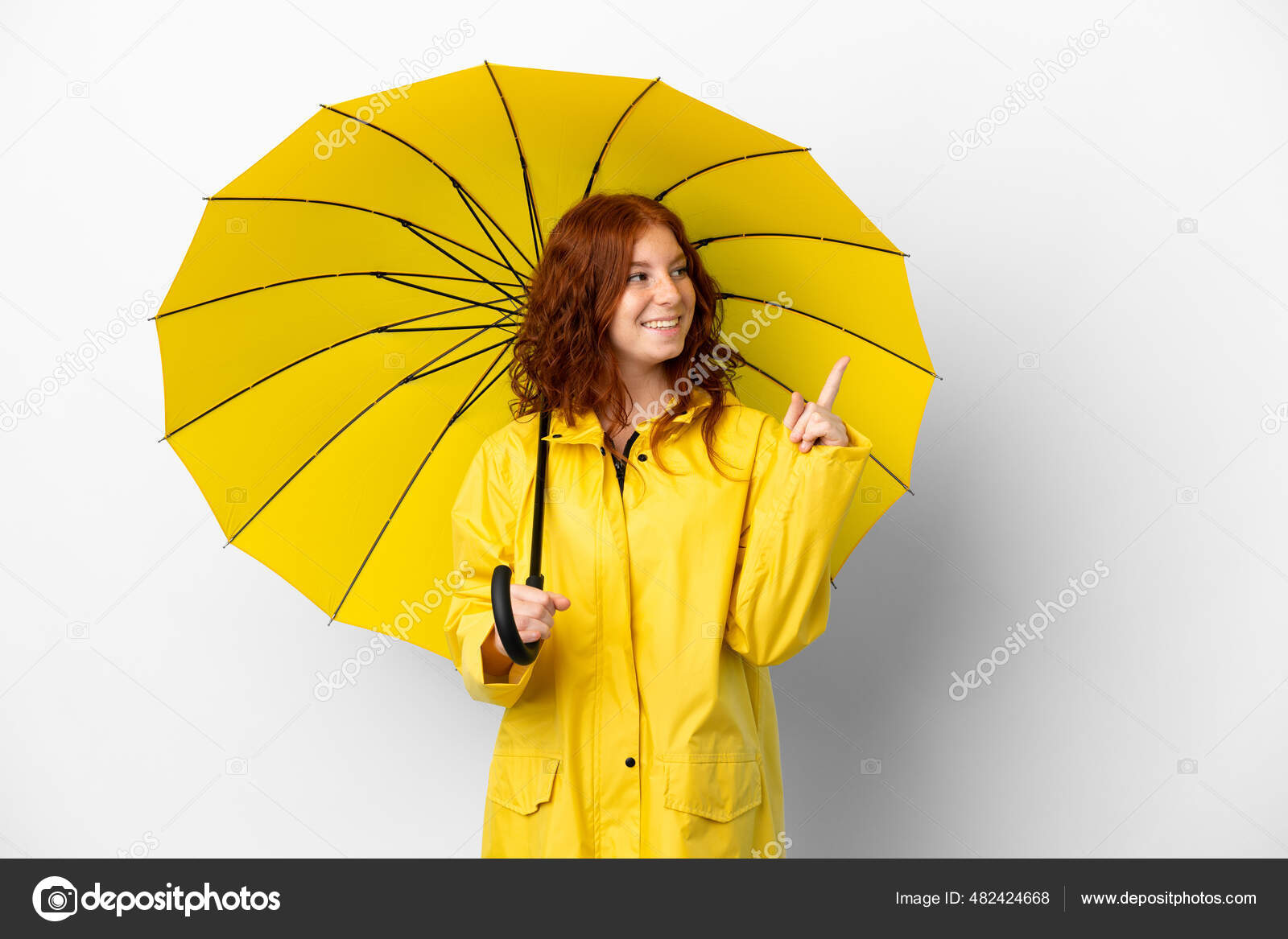 Teenager Redhead Girl Rainproof Coat Umbrella Isolated White Background ...