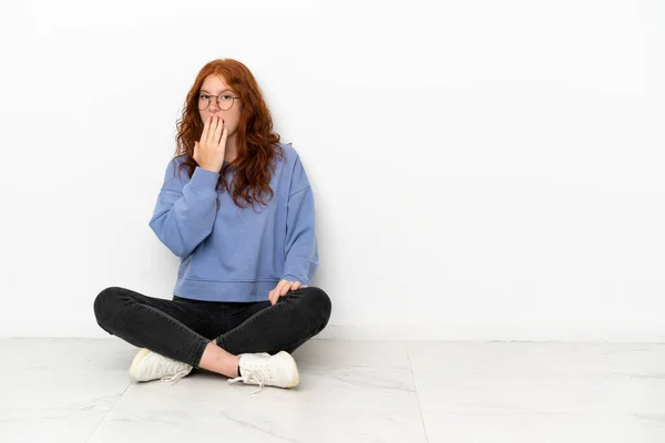 Teenager Redhead Girl Sitting Floor Isolated White Background Neckache ...
