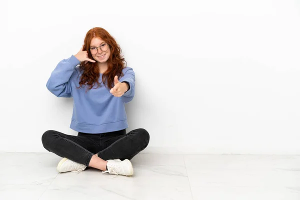 Teenager Redhead Girl Sitting Floor Isolated White Background Neckache ...