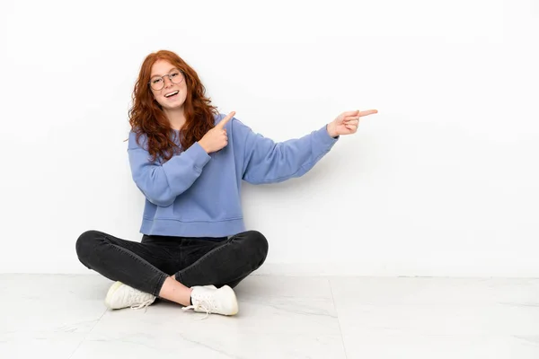 Teenager Redhead Girl Sitting Floor Isolated White Background Neckache ...