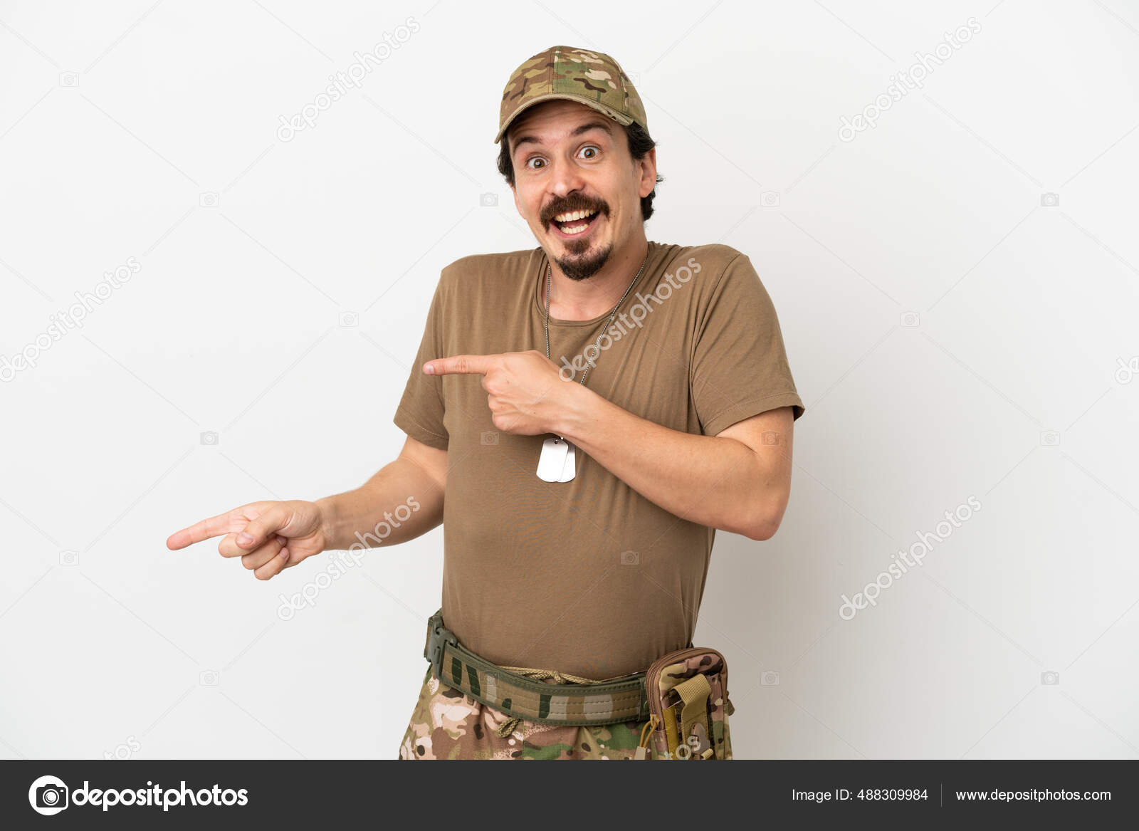 Soldier Man Isolated White Background Surprised Pointing Side — Stock ...