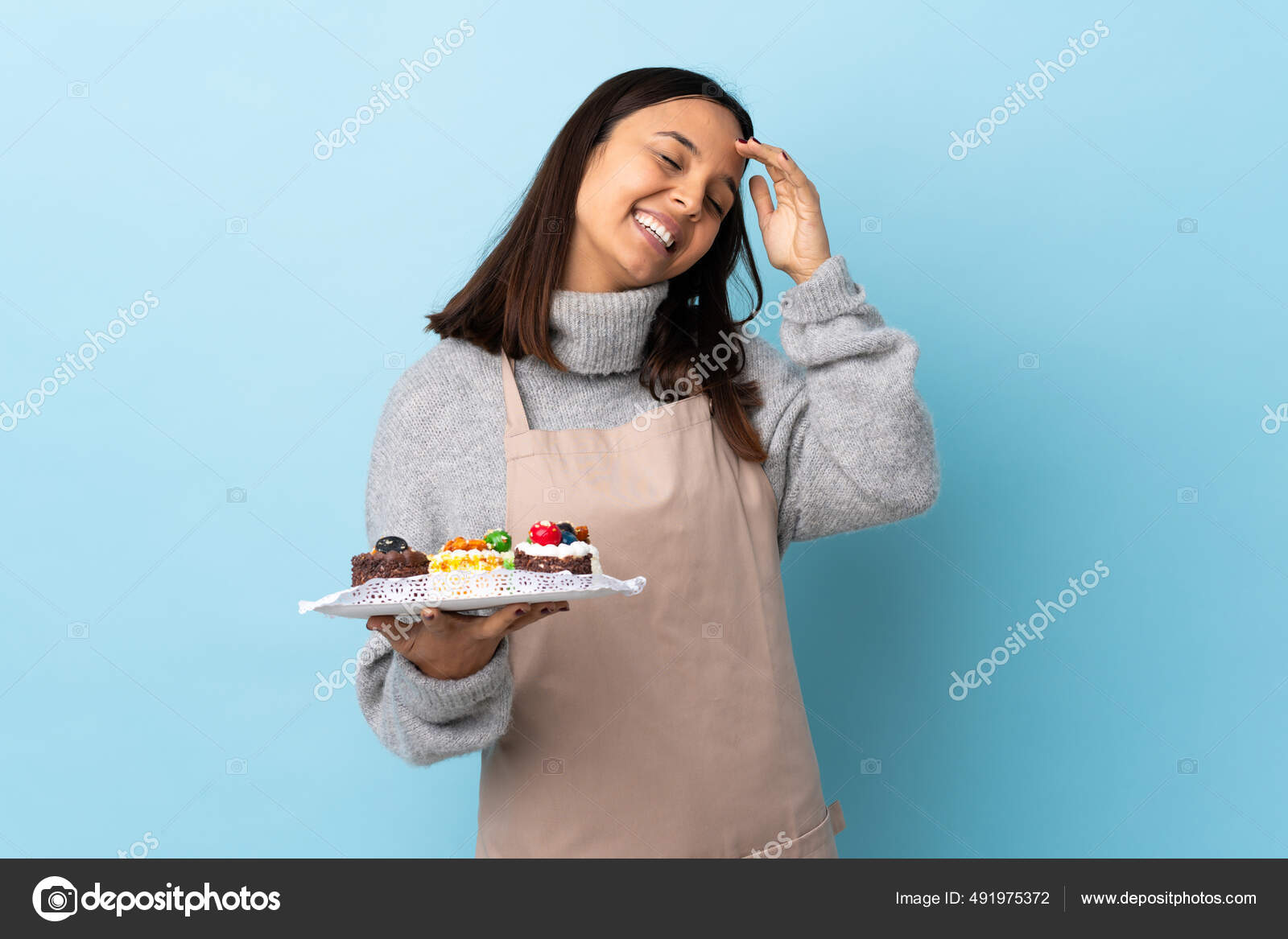 Pastry Chef Holding Big Cake Isolated Blue Background Smiling Lot Stock ...