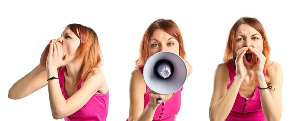 Young girl doing a bad signal over white background — Stock Photo ...