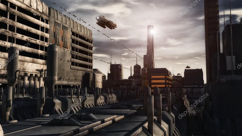 Futuristic spaceship over city — Stock Photo © mik38 #117494872