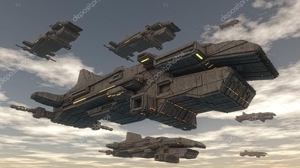Futuristic spaceship in sky — Stock Photo © mik38 #67645047