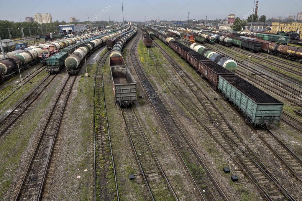 Empty cargo containers on railroad, marshalling yard, Russian Railways ...