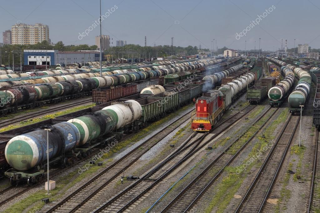 Parked freight trains railroad shunting yard. – Stock Editorial Photo ...