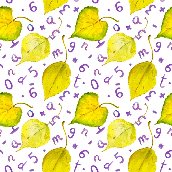 Seamless autumn background with yellow leaves and numbers - Stock Image ...