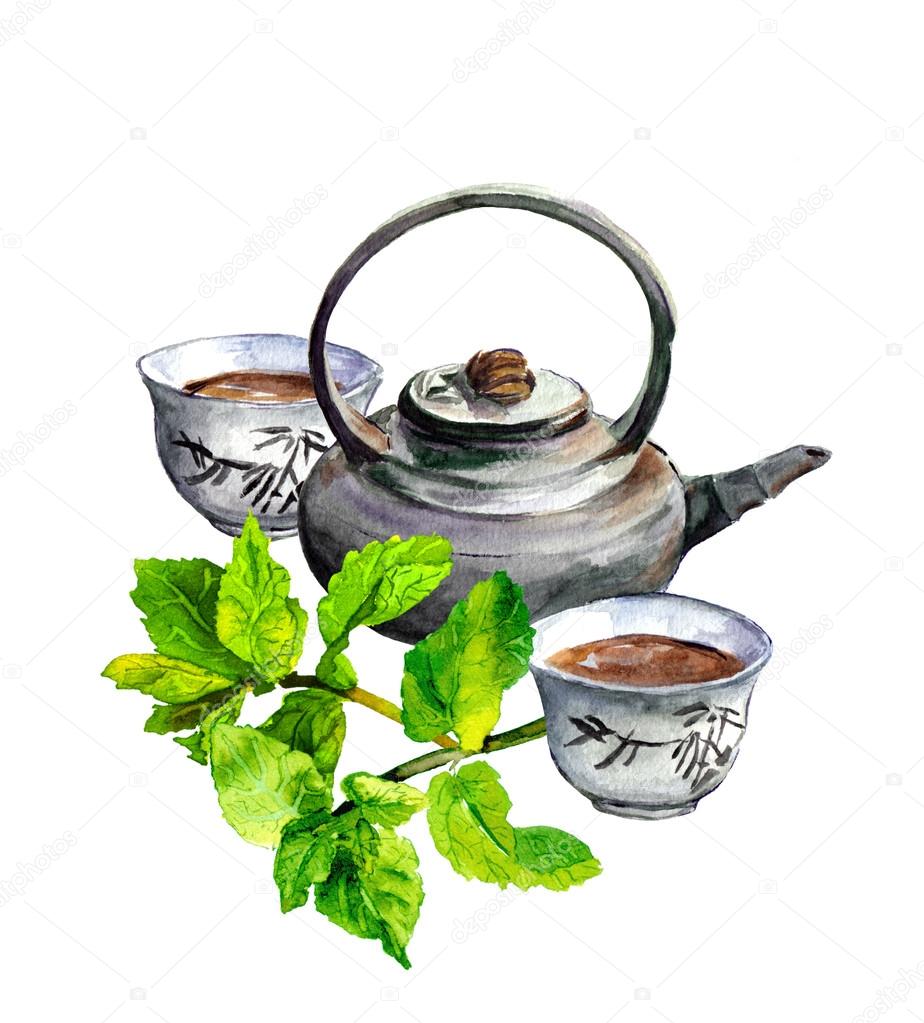 Mint tea set - teapot and traditional chinese cups. Watercolor Stock ...
