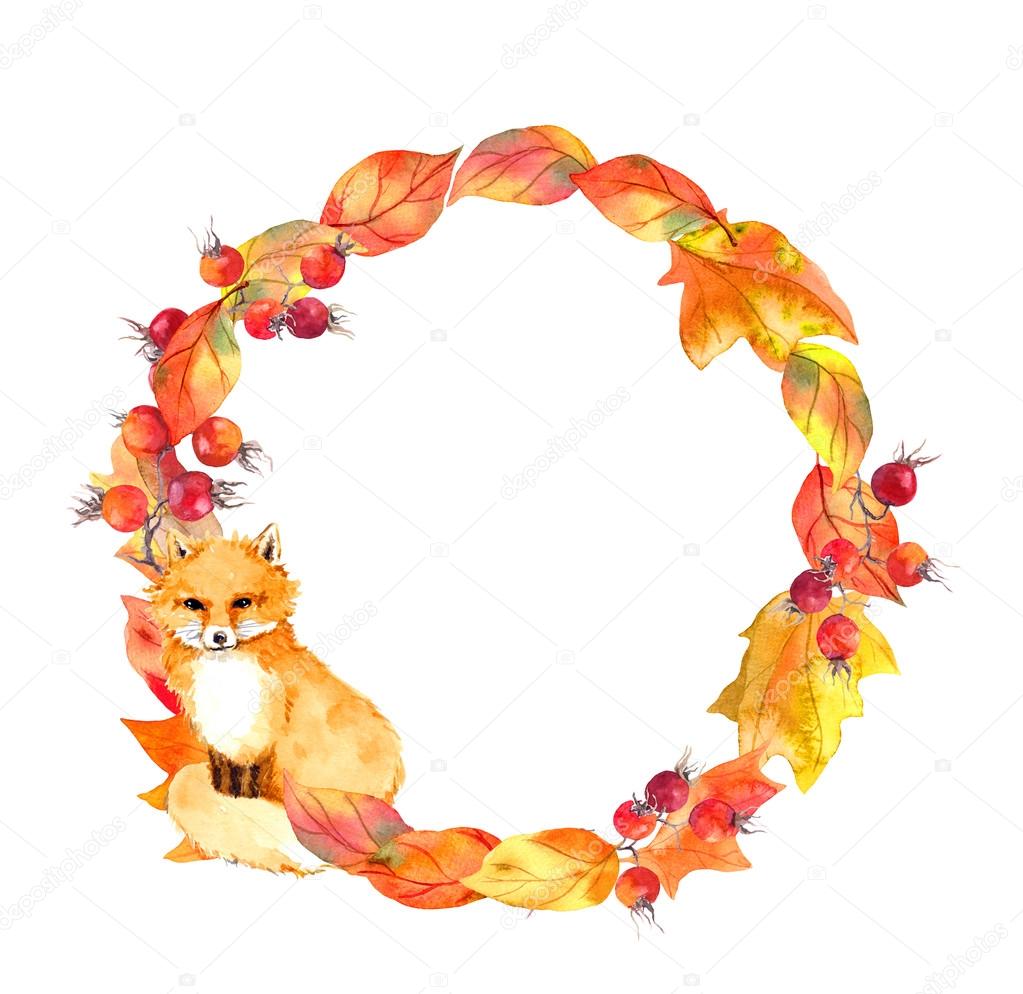 Cute fox, leaves, berries. Autumn wreath. Watercolor circle border ...
