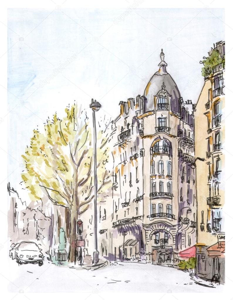 Hand painted color sketch of Paris street — Stock Photo © zzzorikk ...