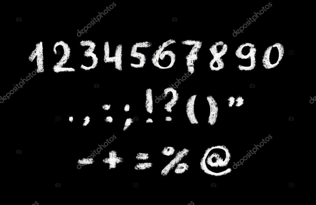 Chalk hand written numbers and punctuation marks on black board — Stock ...