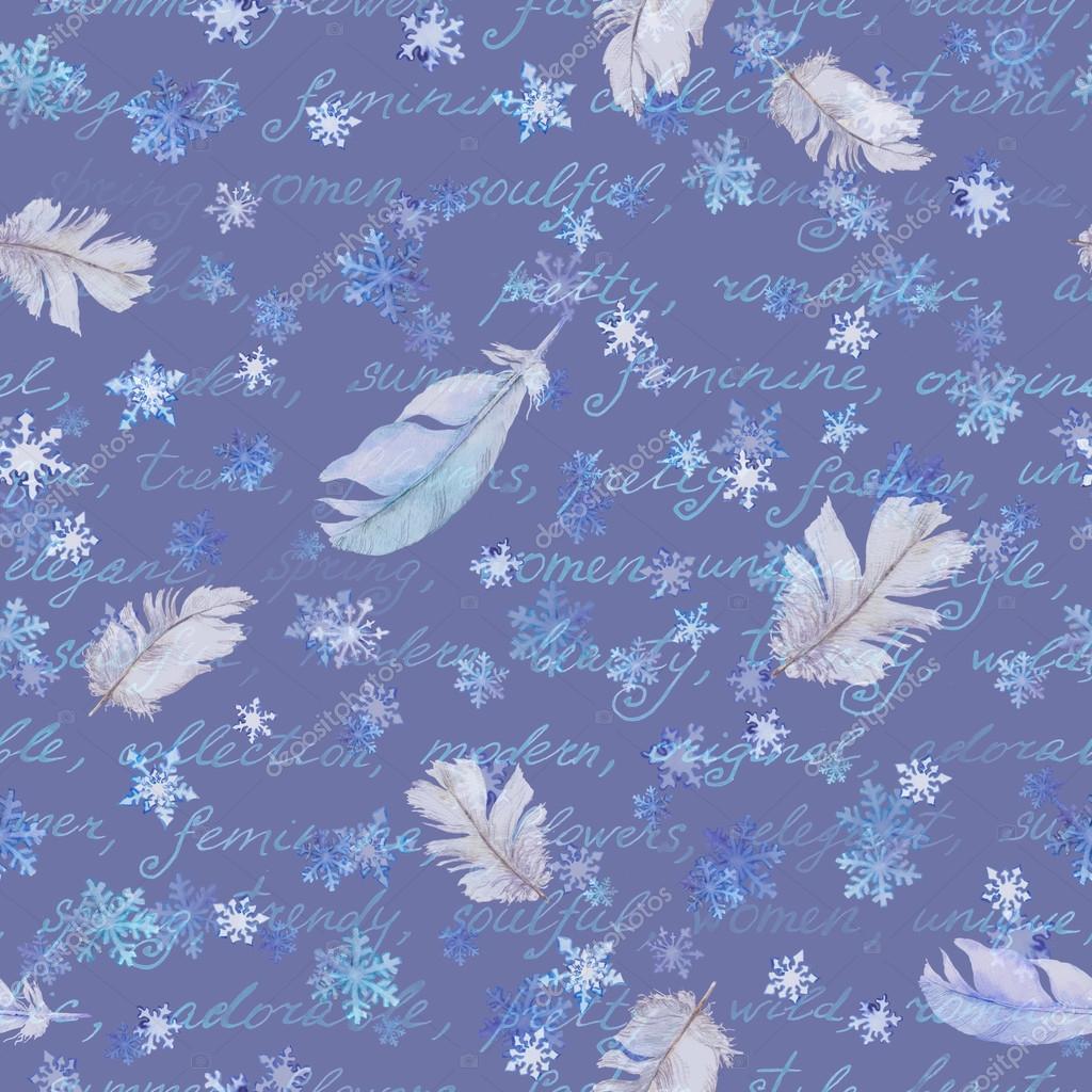 Winter repeated pattern with snow and feathers, watercolor Stock ...