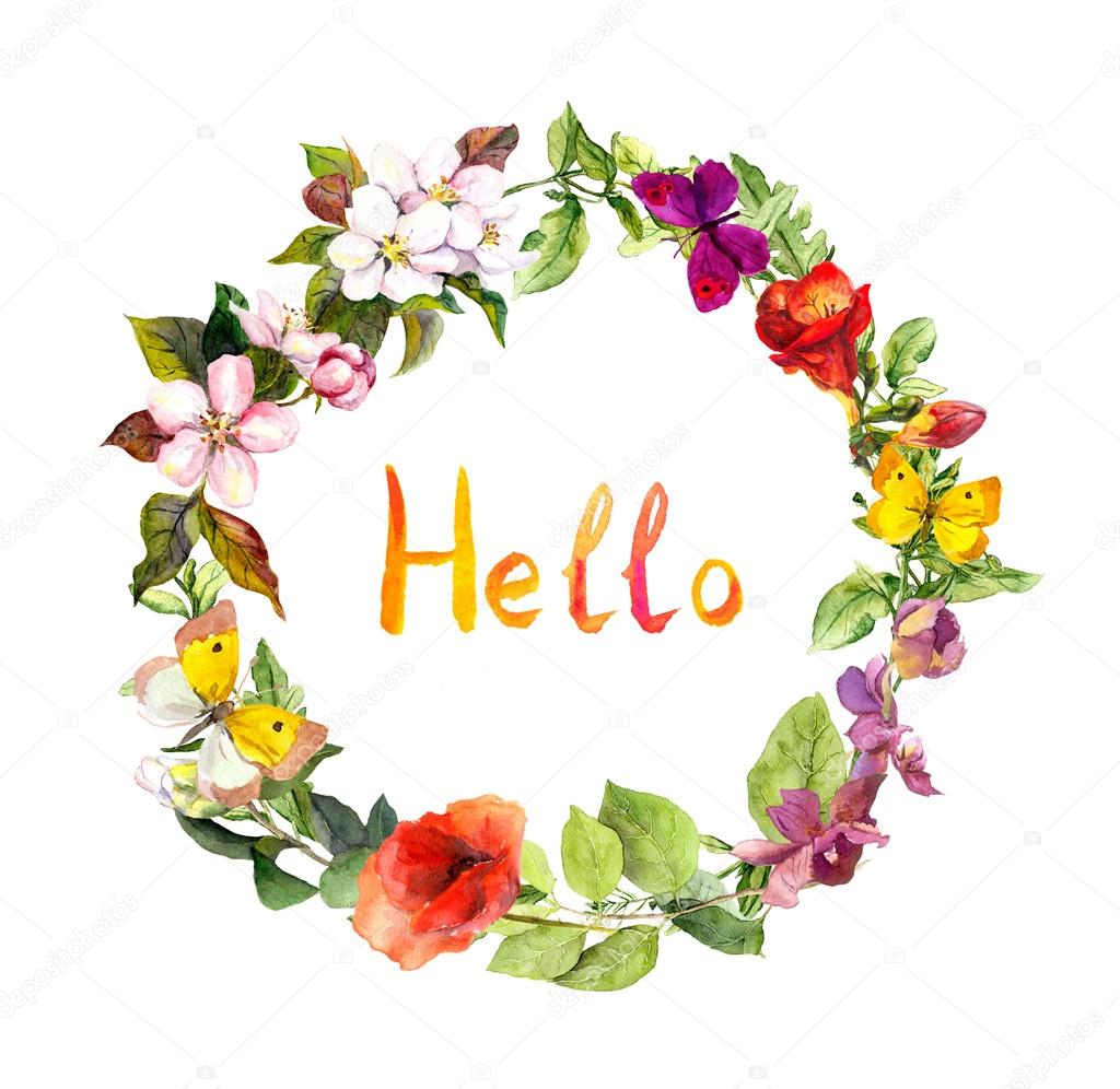 Floral wreath with Hello text. Summer meadow flowers and butterflies ...